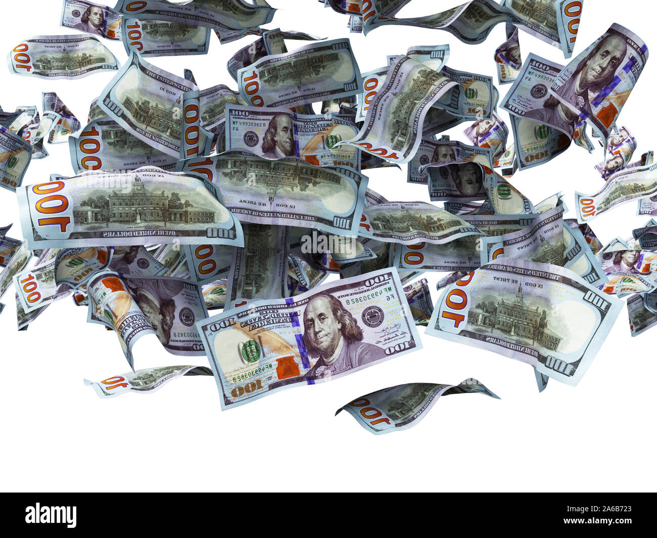 one hundred dollars banknotes falling to the ground 3d render on white ...