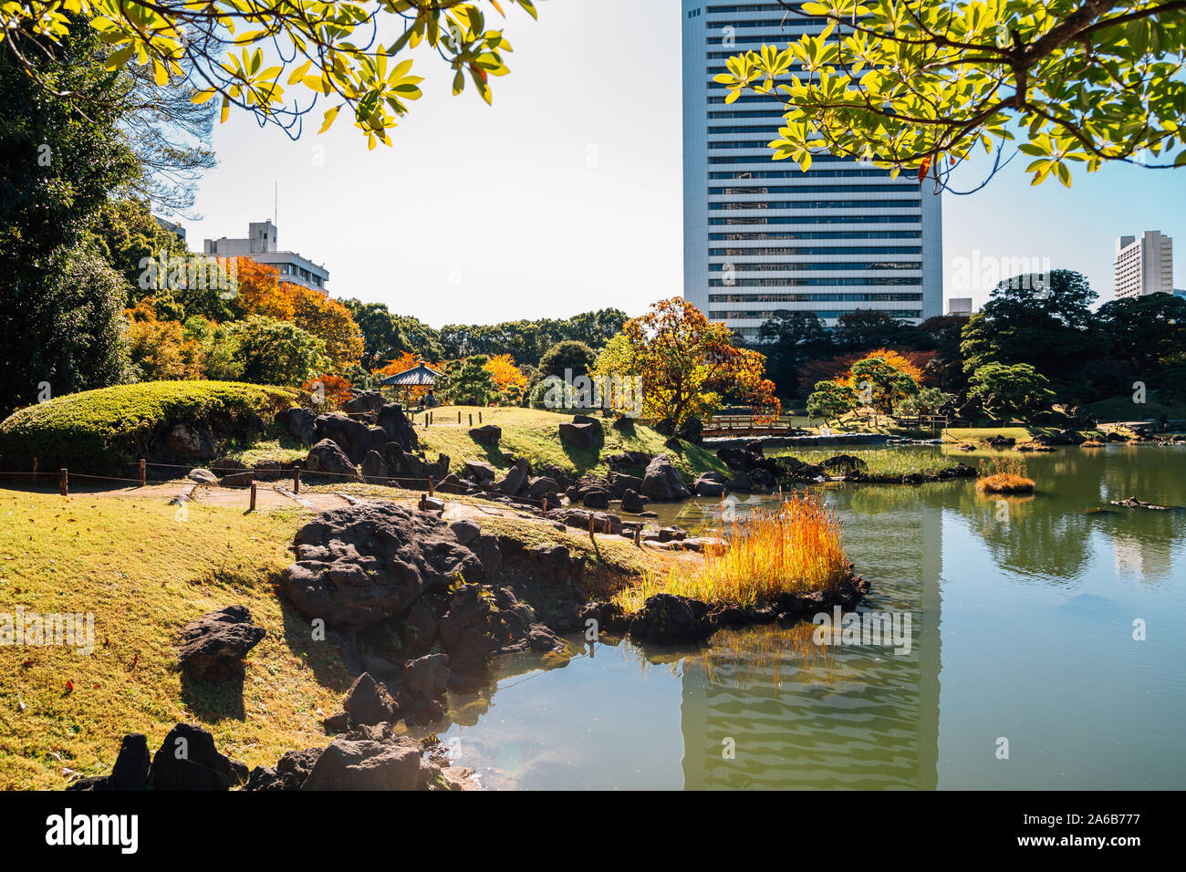 Japanese traditional garden Kyu Shiba Rikyu Garden at autumn in Tokyo ...