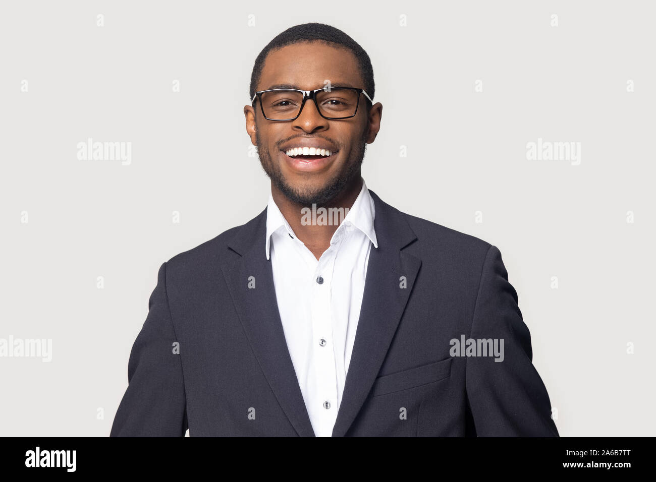 Head Shot Portrait Smiling African American Businessman Wearing Glasses