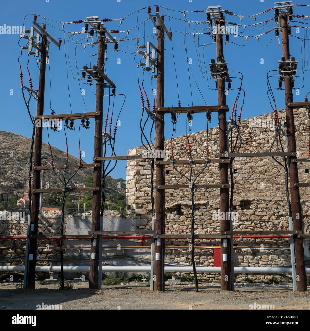 Electric Poles. Isolated.Wooden electric poles with wires. Stock Image ...