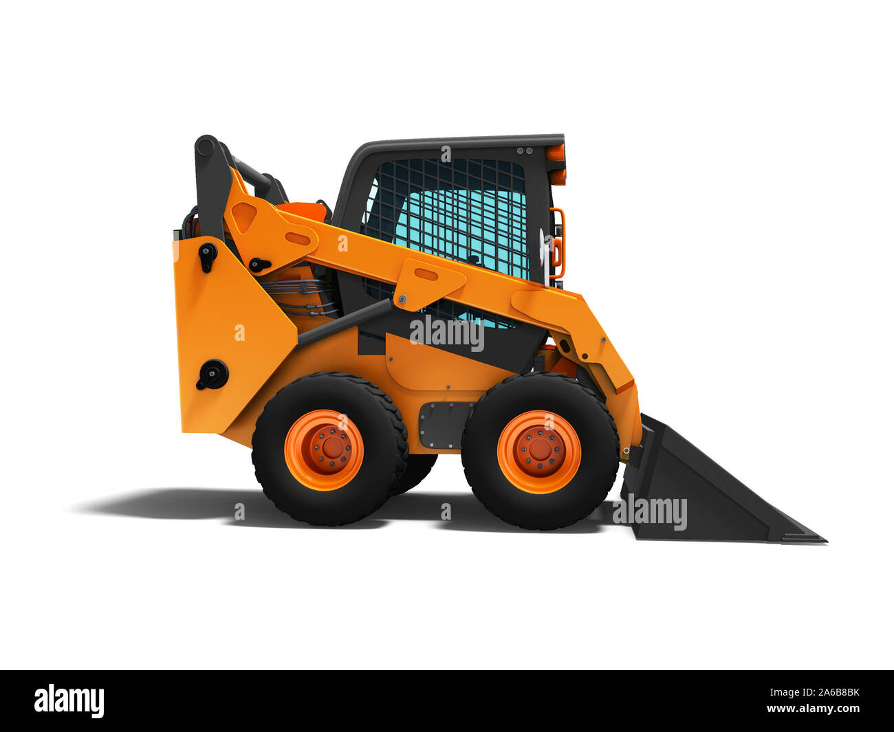 Orange mini loader with protective cabin with ladle in front for work ...