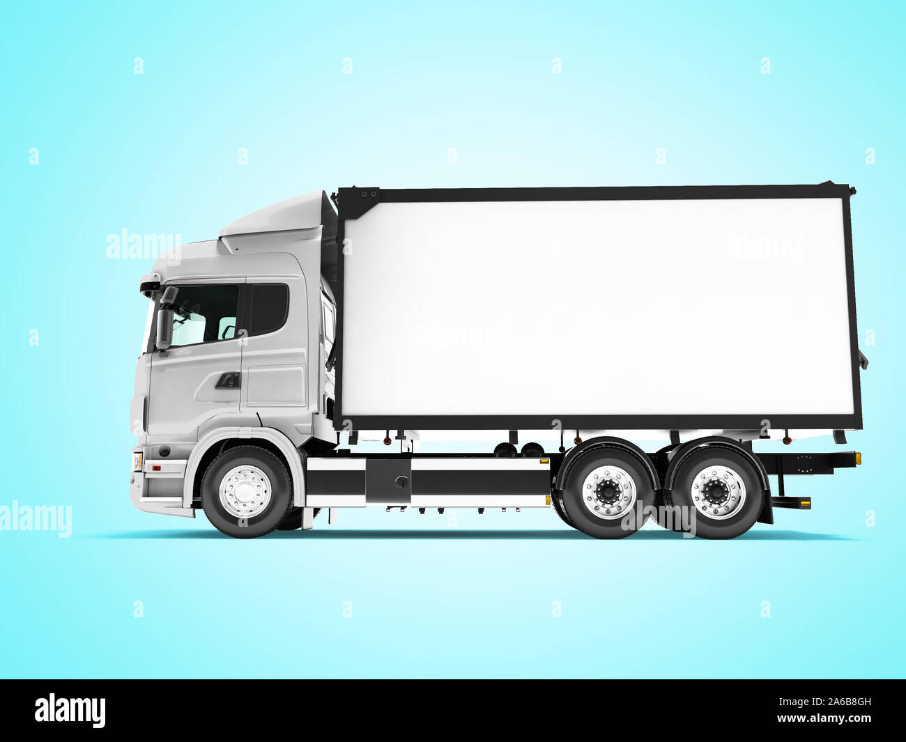 White truck with trailer isolated side view 3d render on blue ...