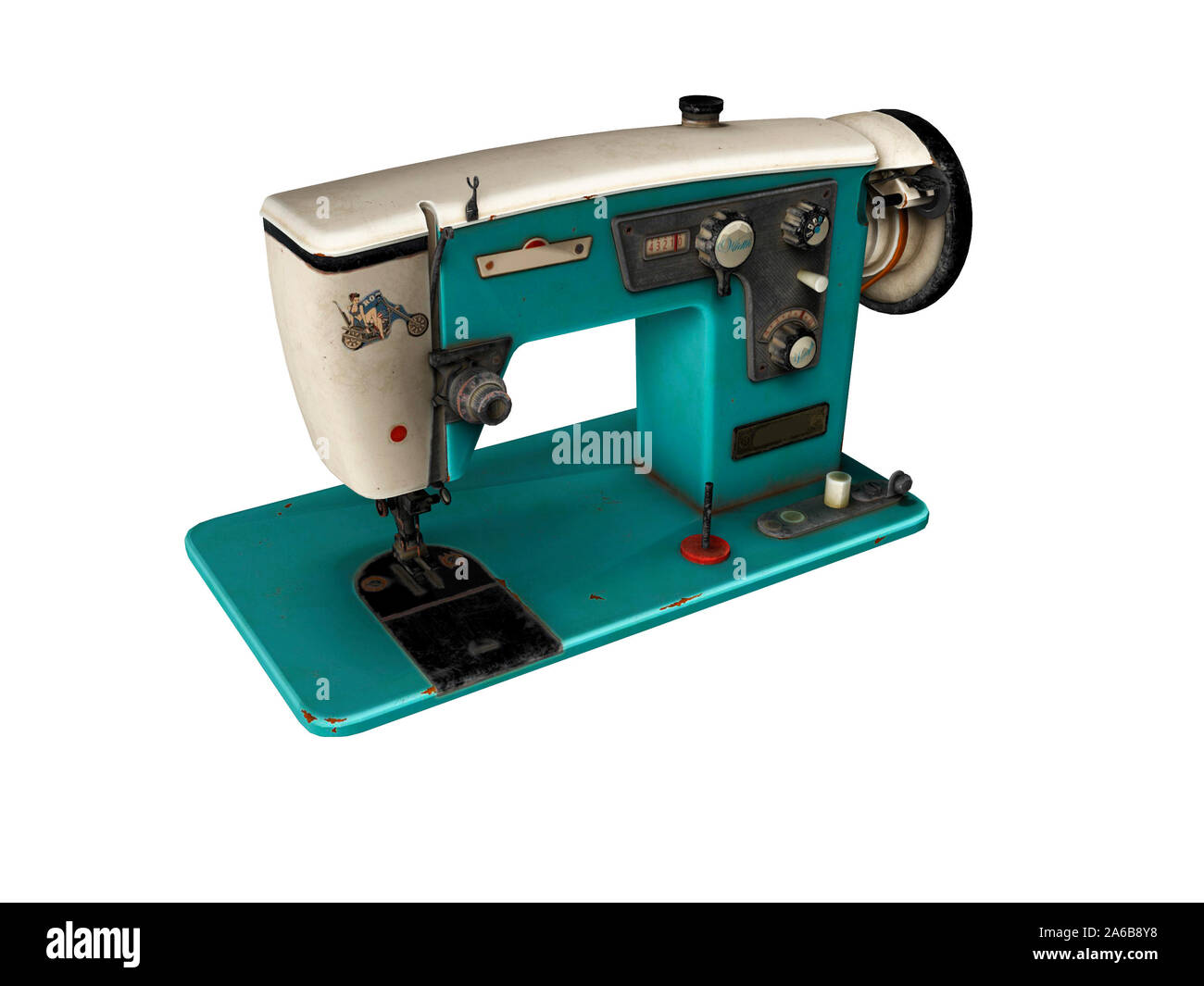 Blue old electric sewing machine falls on the floor 3d render on white ...