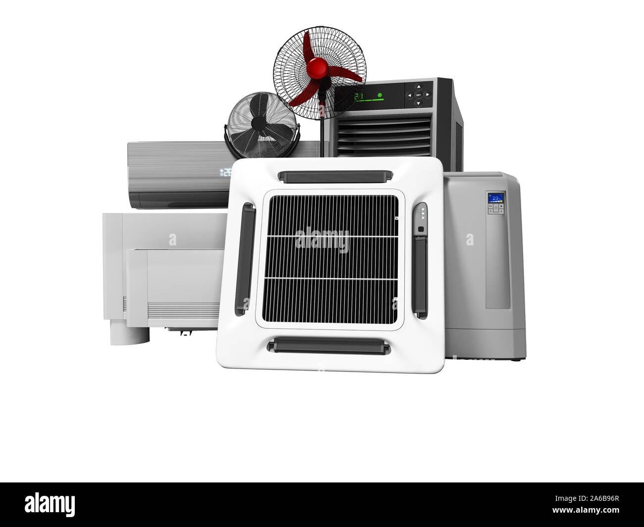 Group of office cooling equipment air conditioning fan 3d render on ...