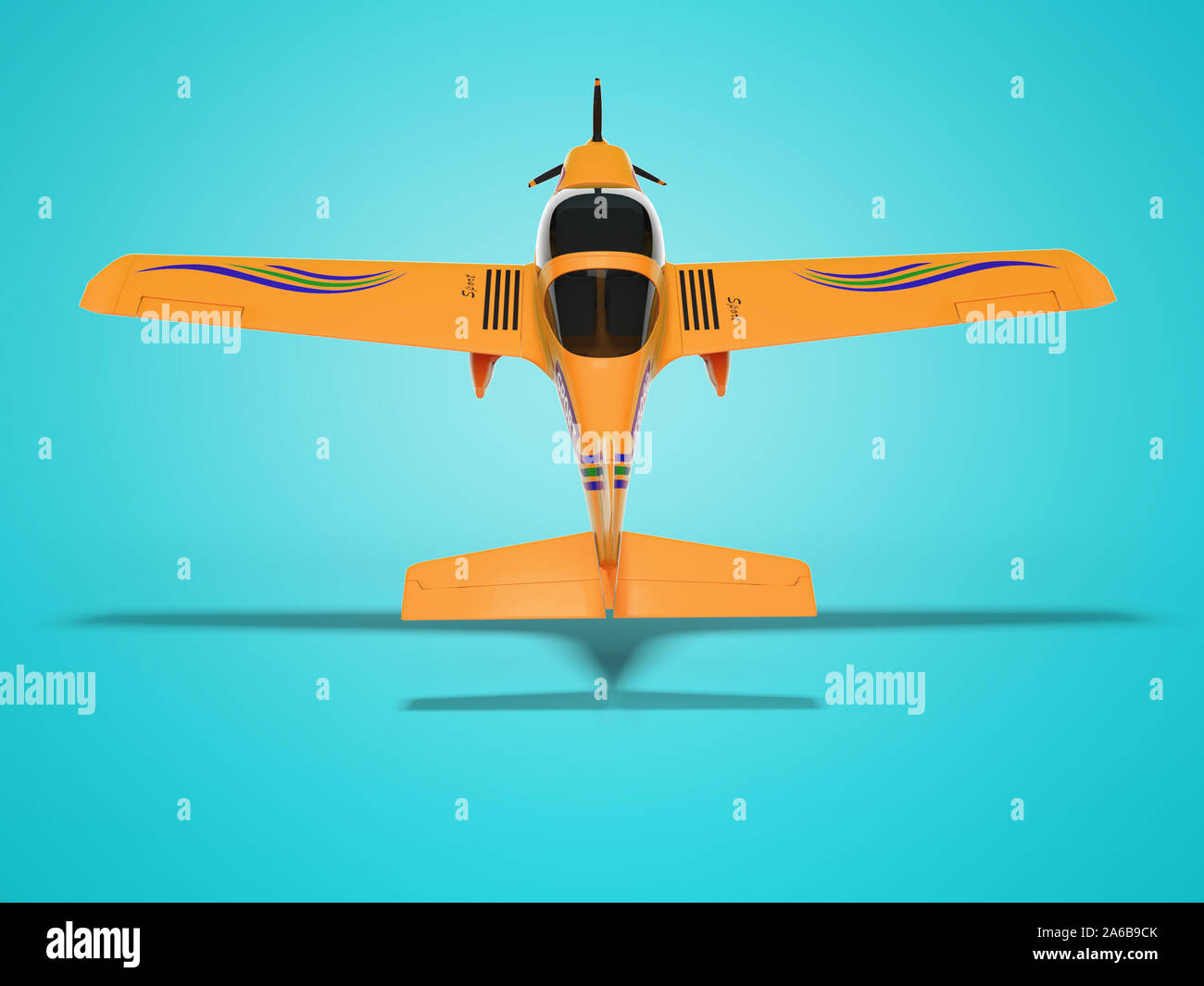 Orange light double airplane flies up 3d render on blue background with ...