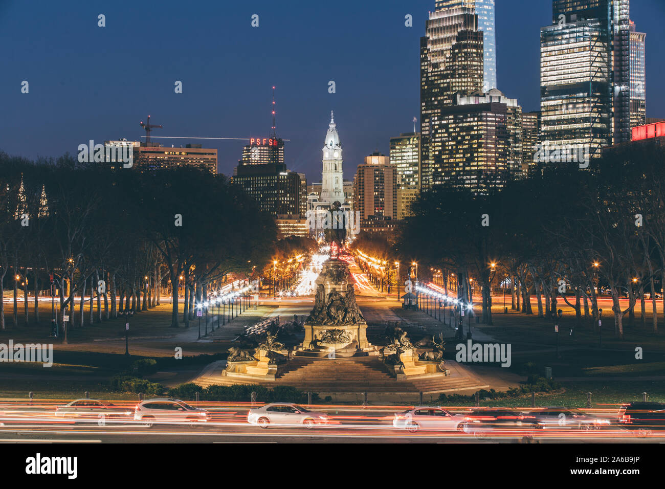 Sunset and night view of the Philadelphia cityscape and skyline from ...