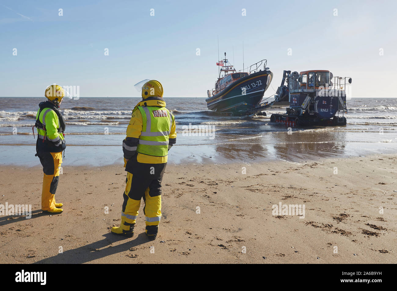 RNLI lifeboat 13-22 launching on Bridlington's south beach, East ...