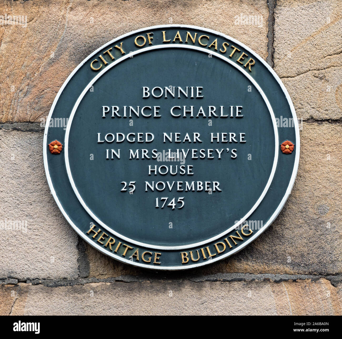 Plaque commemorating visit of Bonnie Prince Charles to Lancaster Stock ...