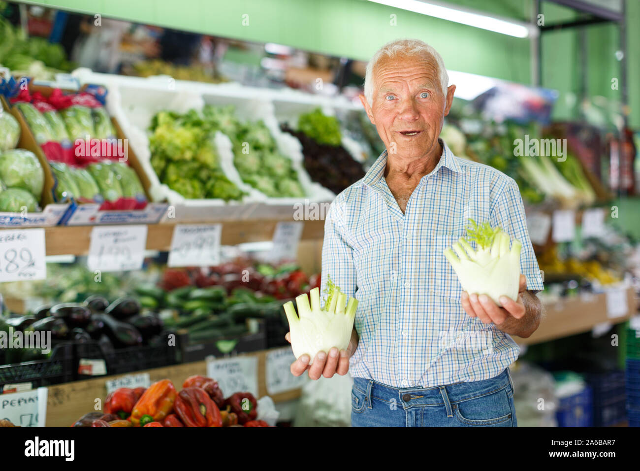 Portrait of older man choosing fresh vegetables in farmer market Stock ...