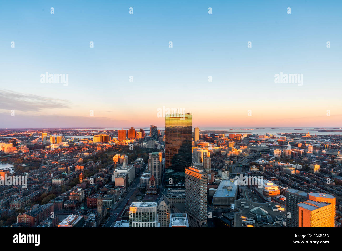 Boston cityscape, aerial view of the Boston skyline during sunset Stock ...