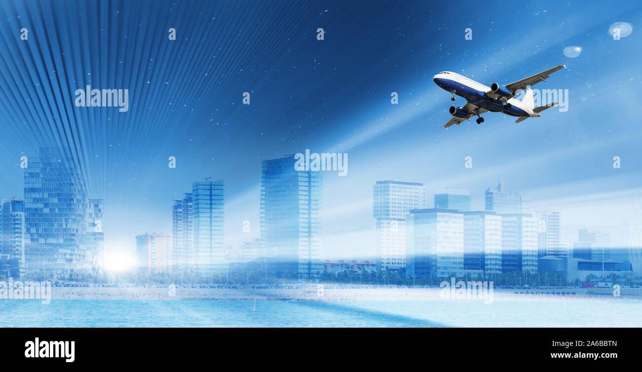 Plane over buildings new york hi-res stock photography and images - Alamy