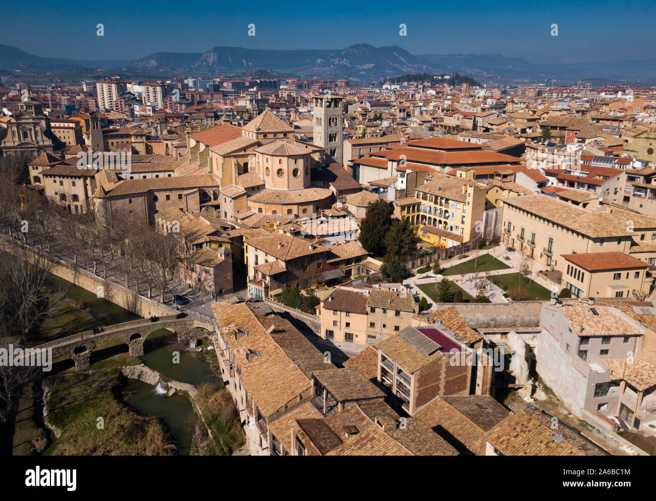Aerial view of historic centre of Vic with Cathedral close to river and ...
