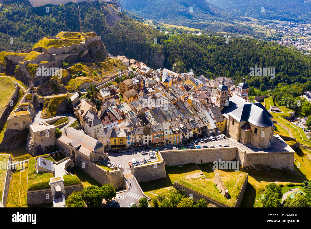 Aerial view of medieval fortified city of Briancon with impressive ...