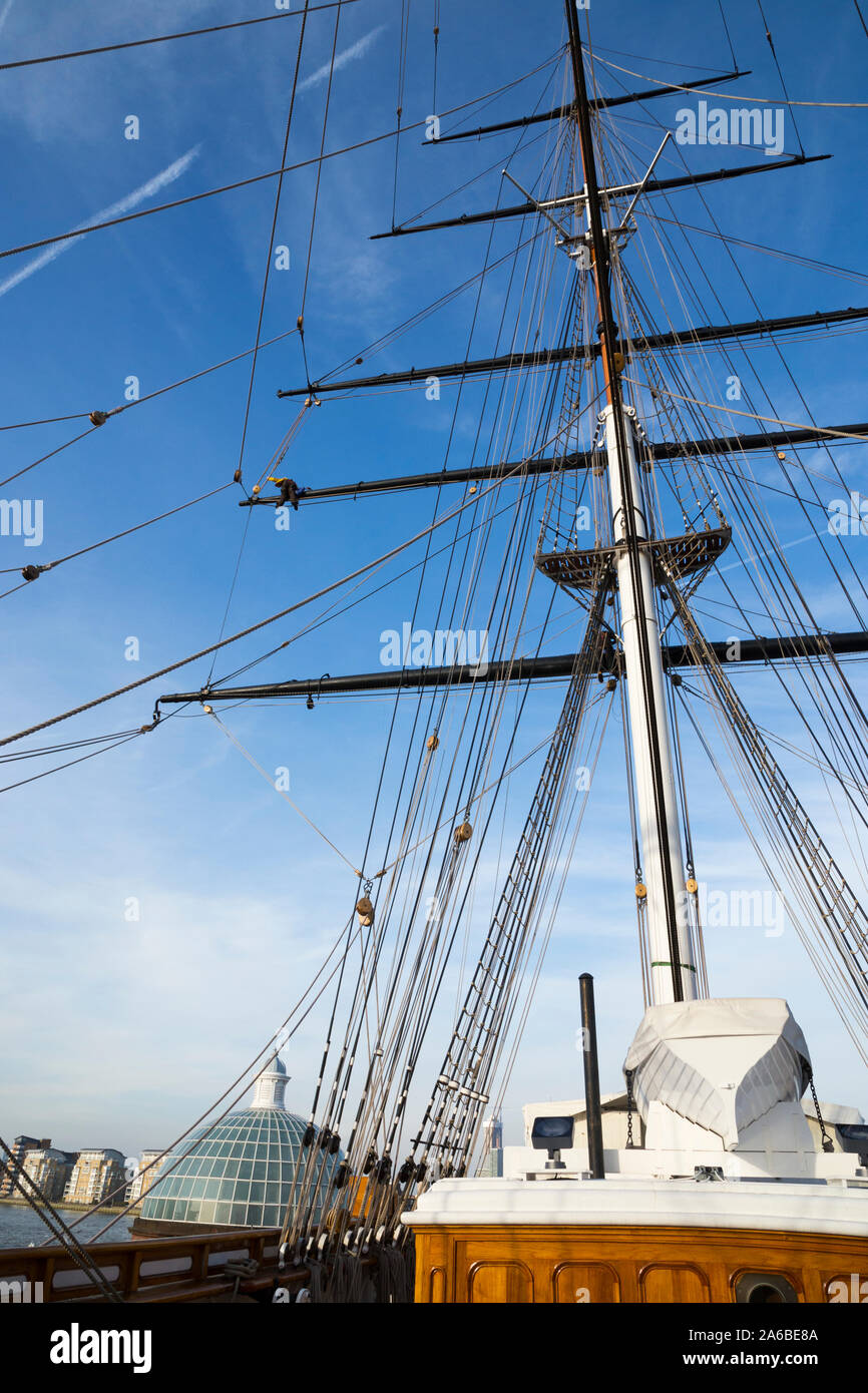 Person working in the rope / ropes and rigging on the main deck of the ...