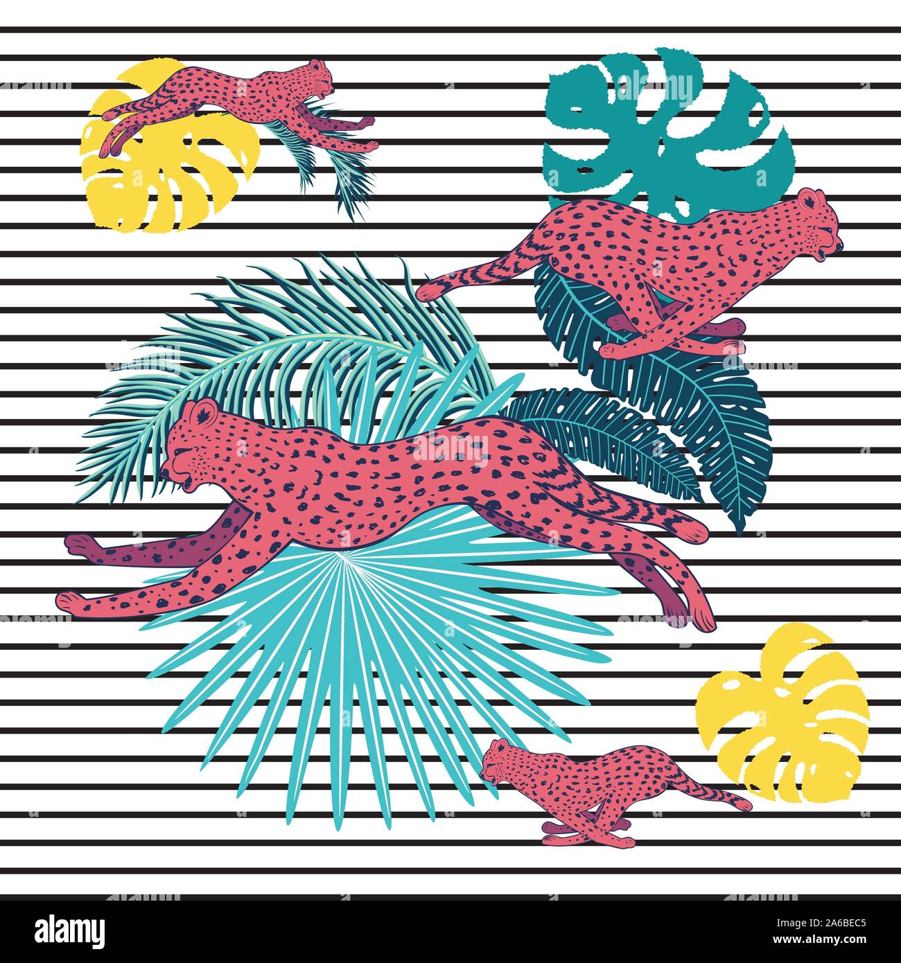 Vintage style animalistic design with running cheetah over striped ...