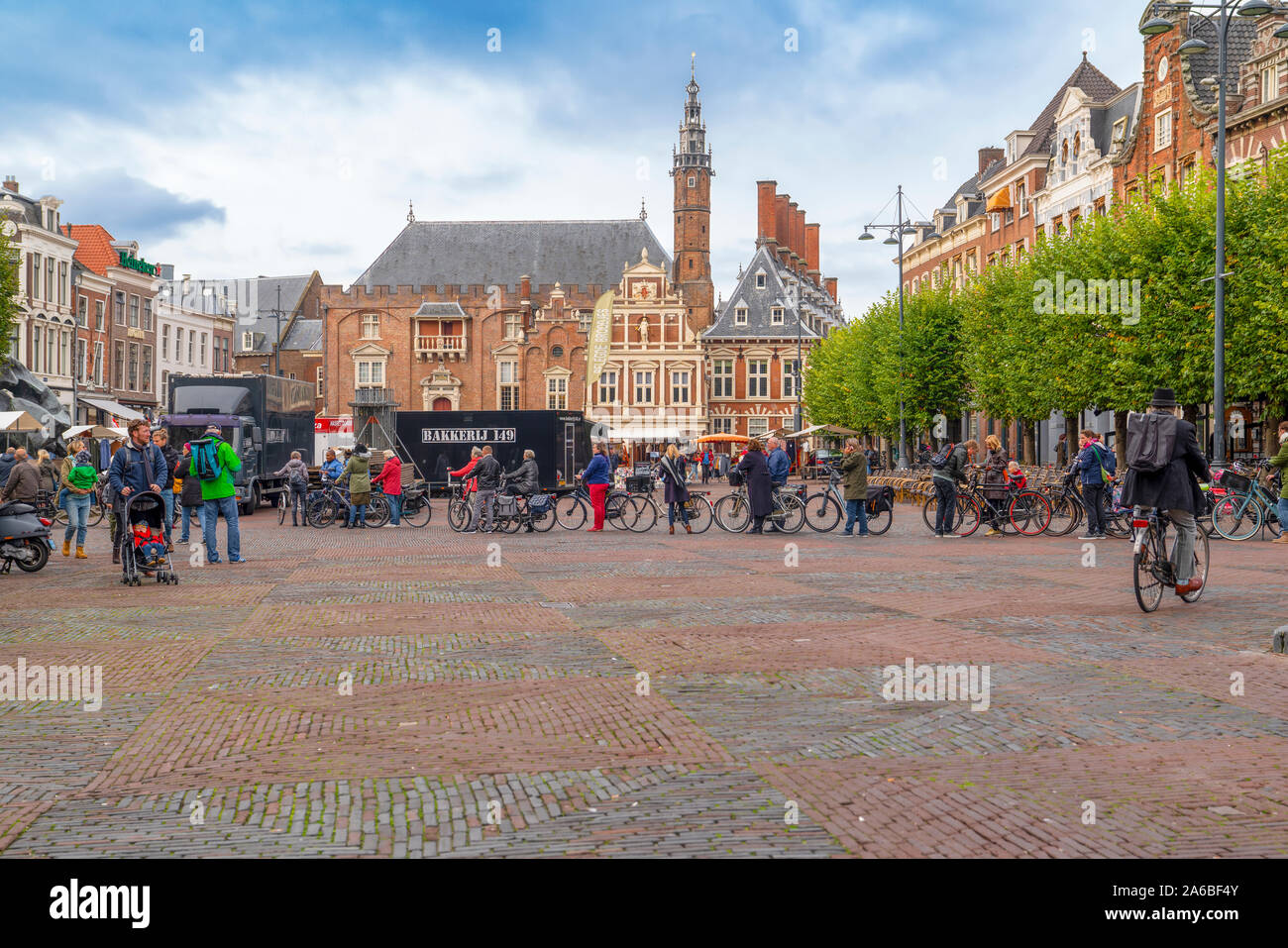 Haarlem/Holland - October 06 2019: People walking and cycling in city ...