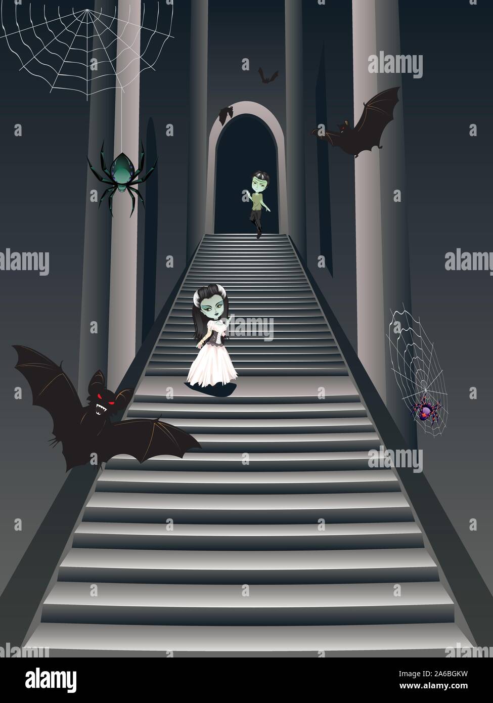 Stylish fashion cartoon zombie girl in white dress on old gothic stairs ...