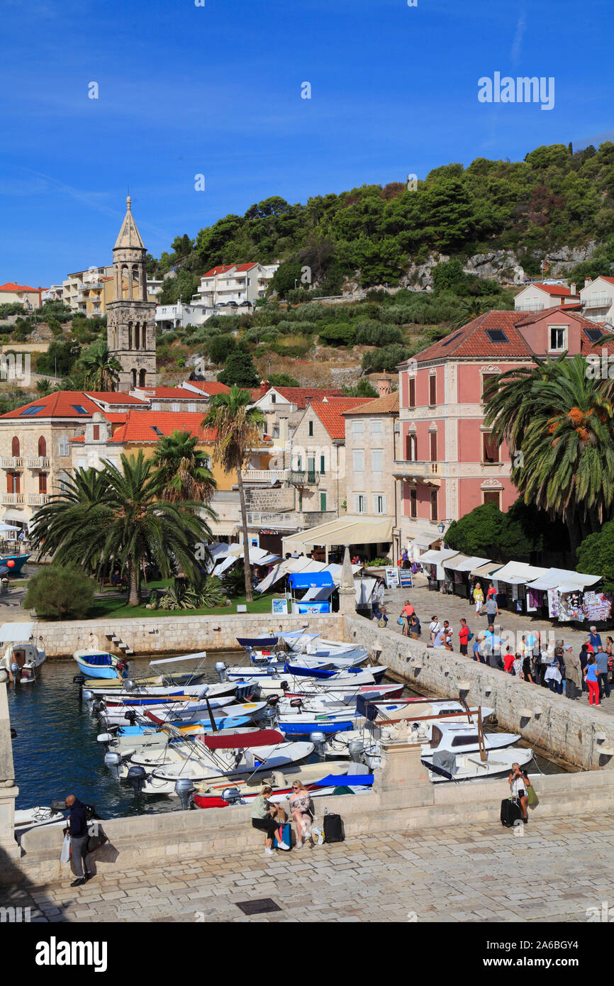 Croatia, Hvar, harbor, skyline, general view, boats, people Stock Photo ...