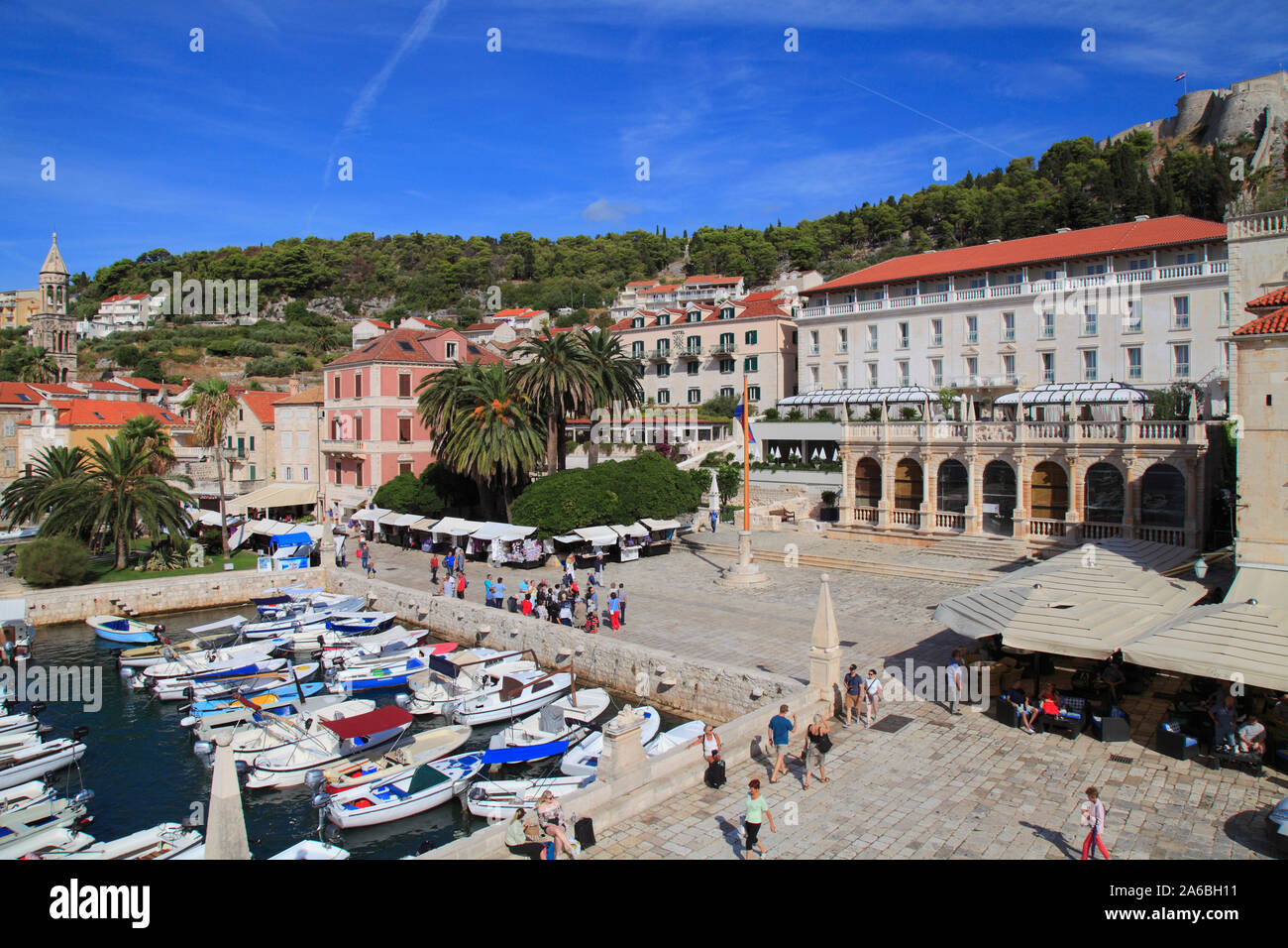 Croatia, Hvar, harbor, skyline, general view, boats, people Stock Photo ...