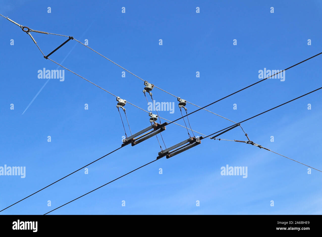 Aerial lead cables of the trolley bus Stock Photo - Alamy