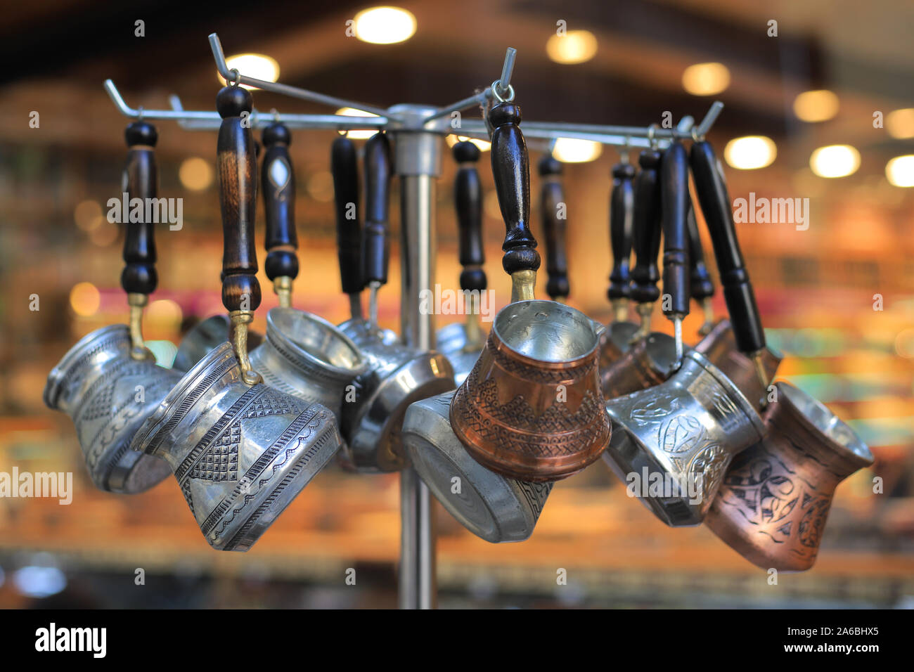 Traditional turkish cezve for sale on the market Stock Photo - Alamy