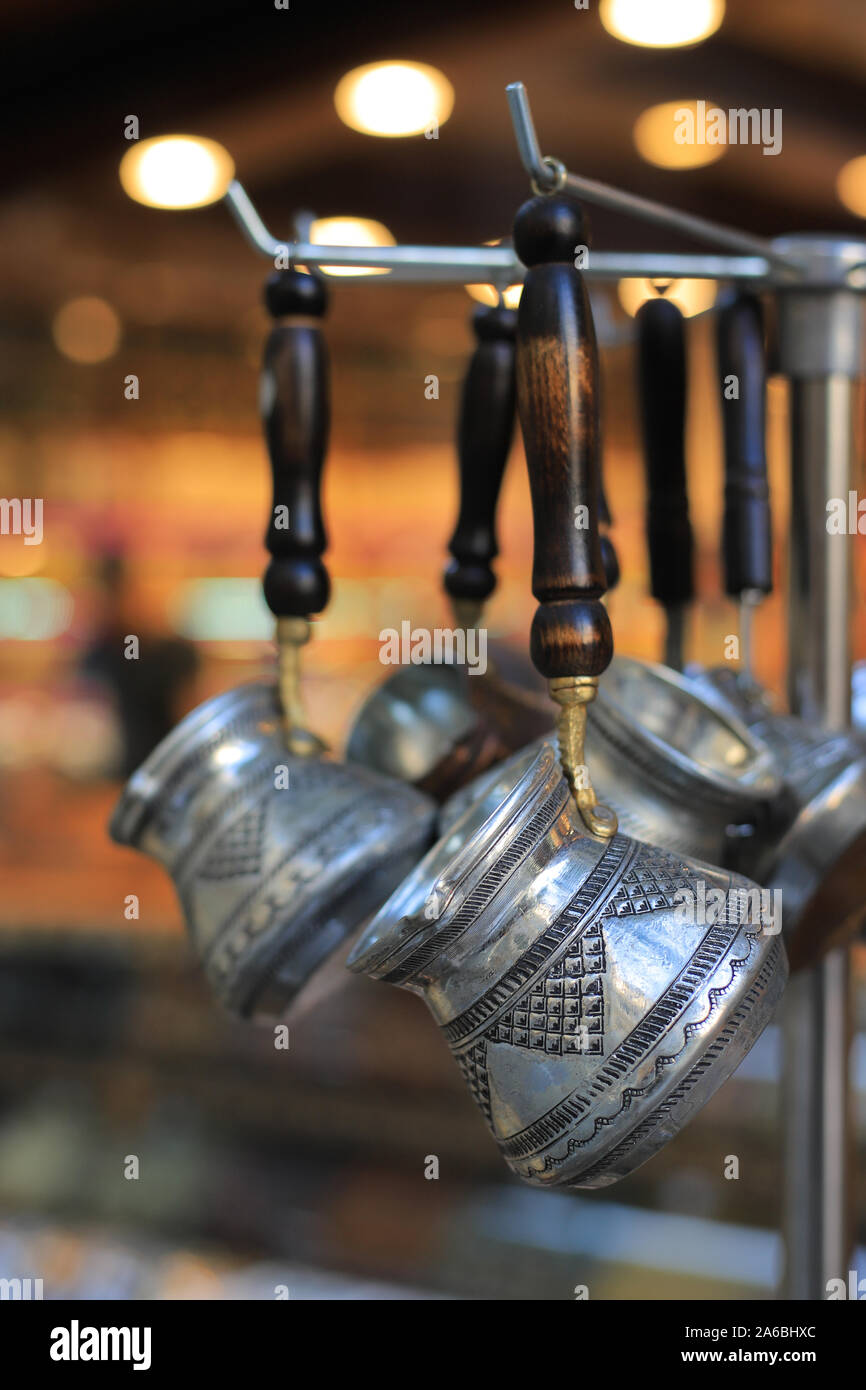 Traditional turkish cezve for sale on the market Stock Photo - Alamy
