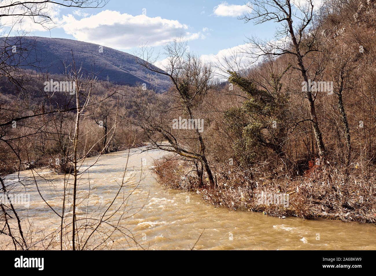 Water Plastic Pollution. People Dumping Garbage Into River, Trowing ...