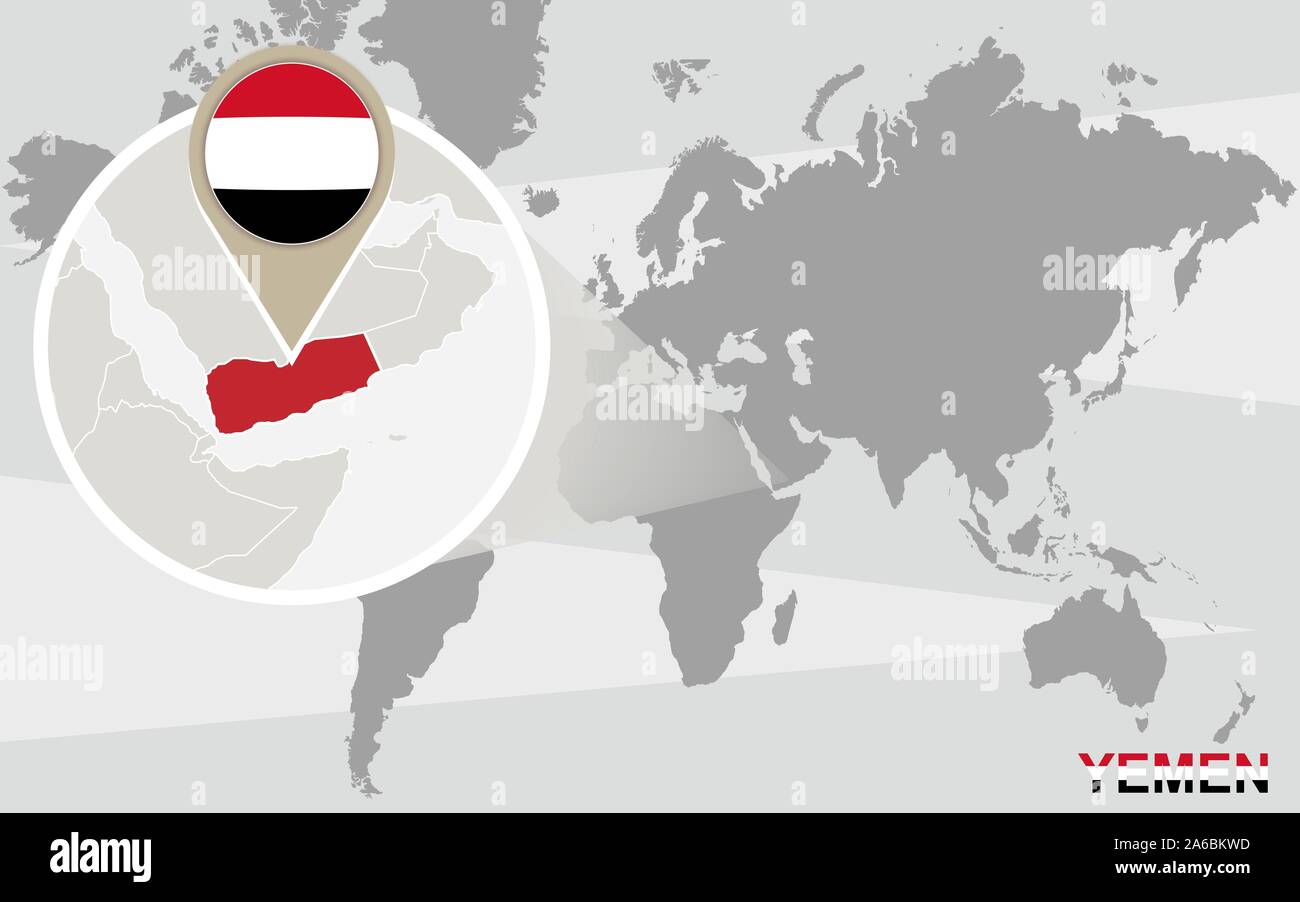 World map with magnified Yemen. Yemen flag and map Stock Vector Image ...