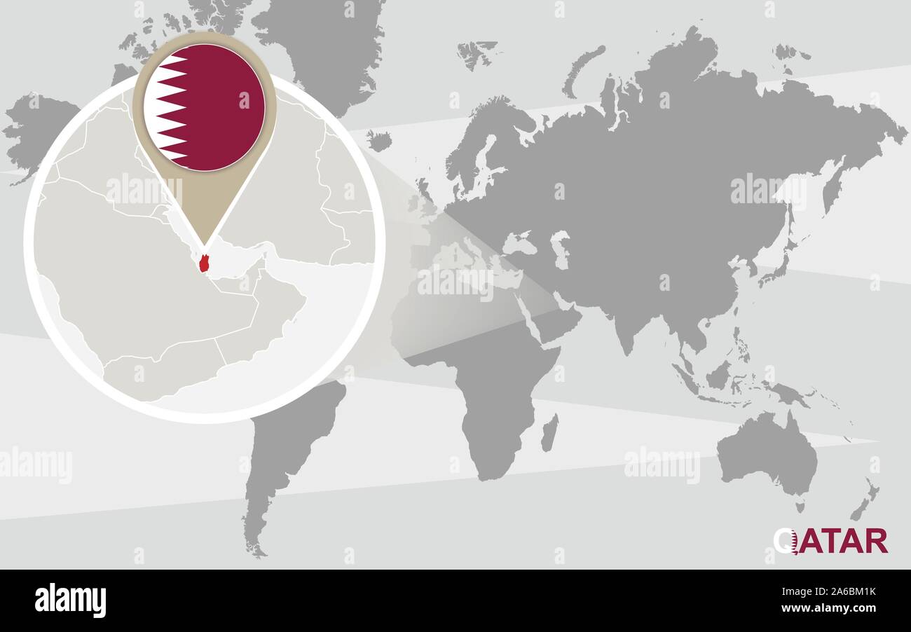 World map with magnified Qatar. Qatar flag and map Stock Vector Image ...