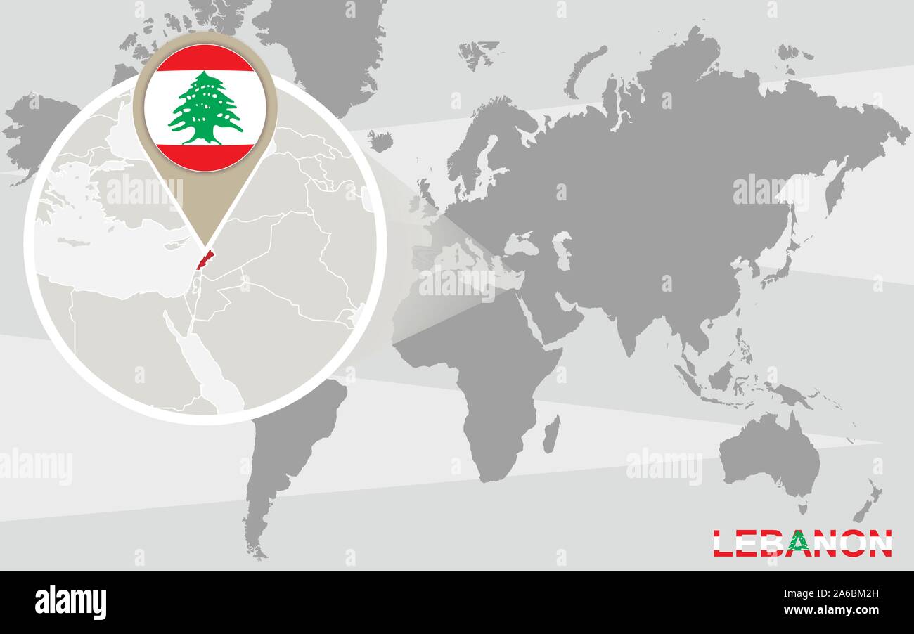 World map with magnified Lebanon. Lebanon flag and map Stock Vector ...