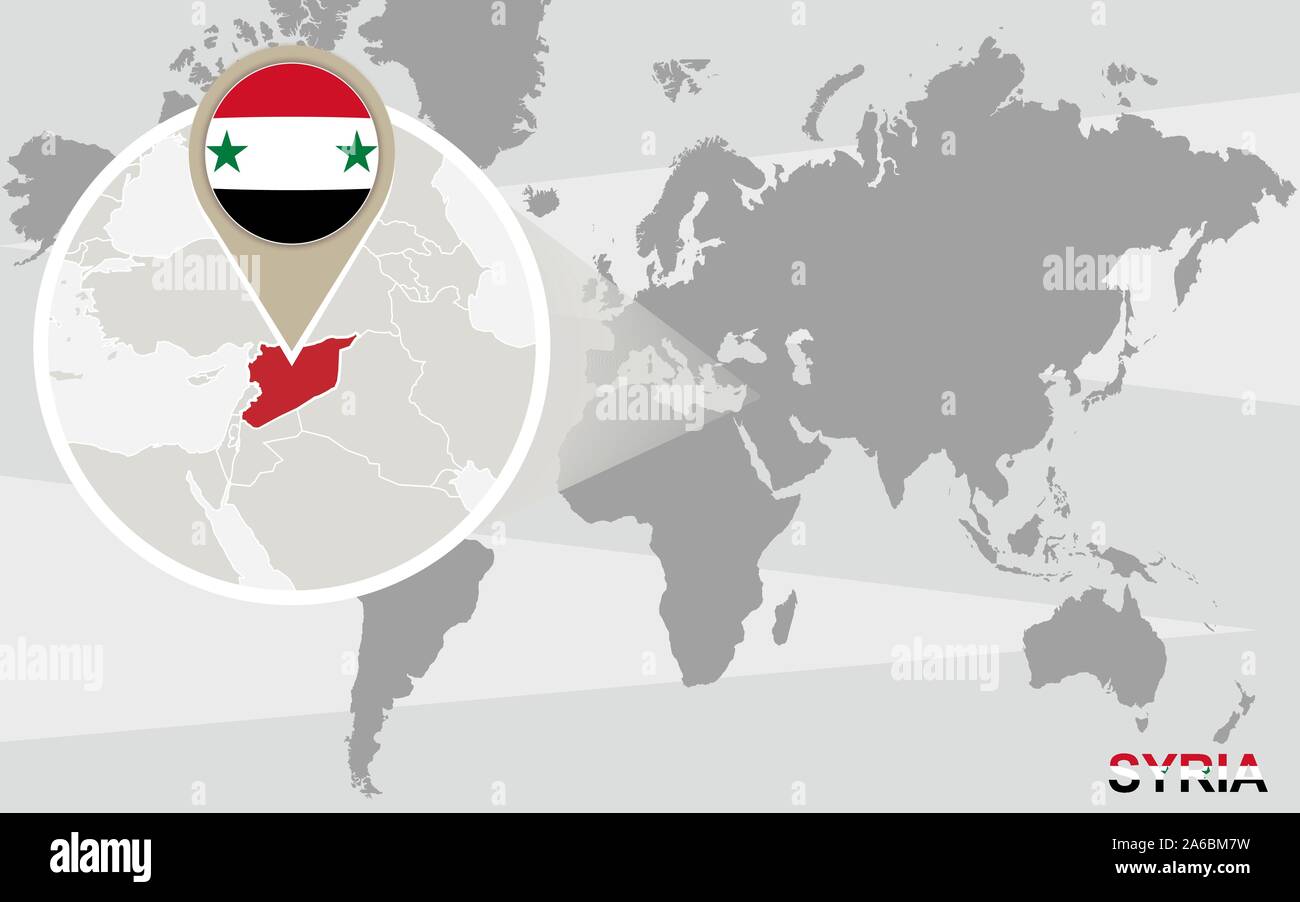 World map with magnified Syria. Syria flag and map Stock Vector Image ...