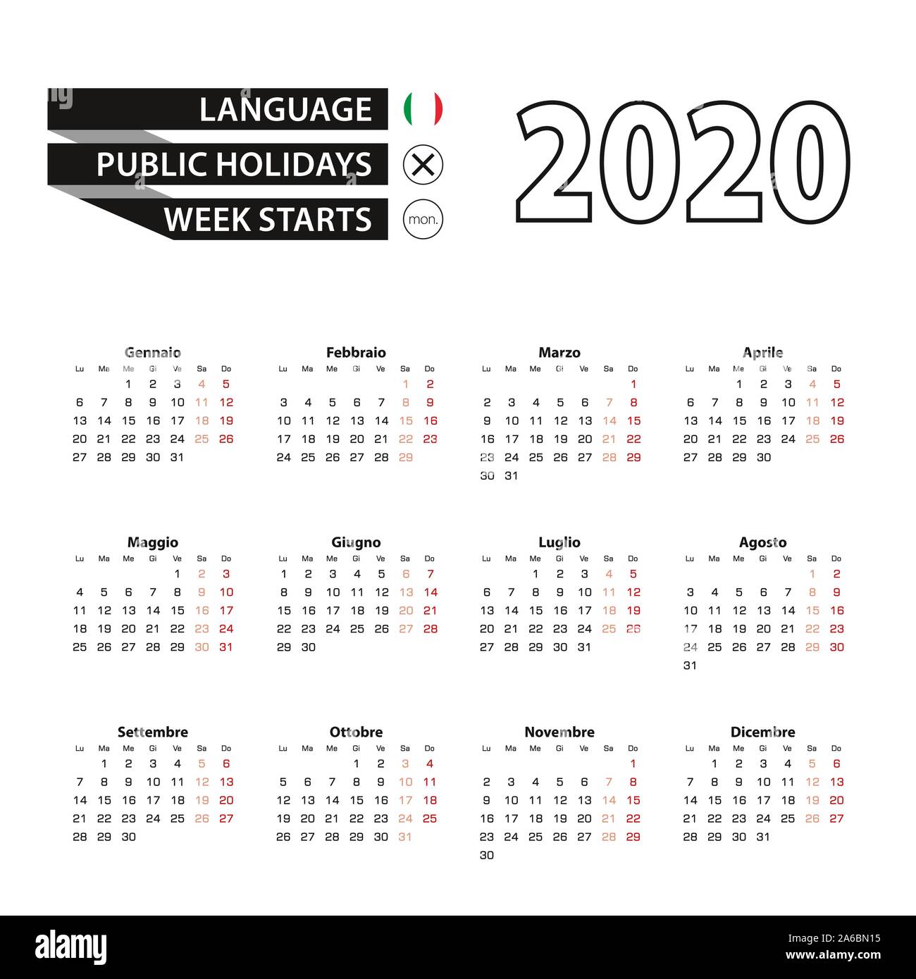 Calendar 2020 in Italian language, week starts on Monday. Vector ...