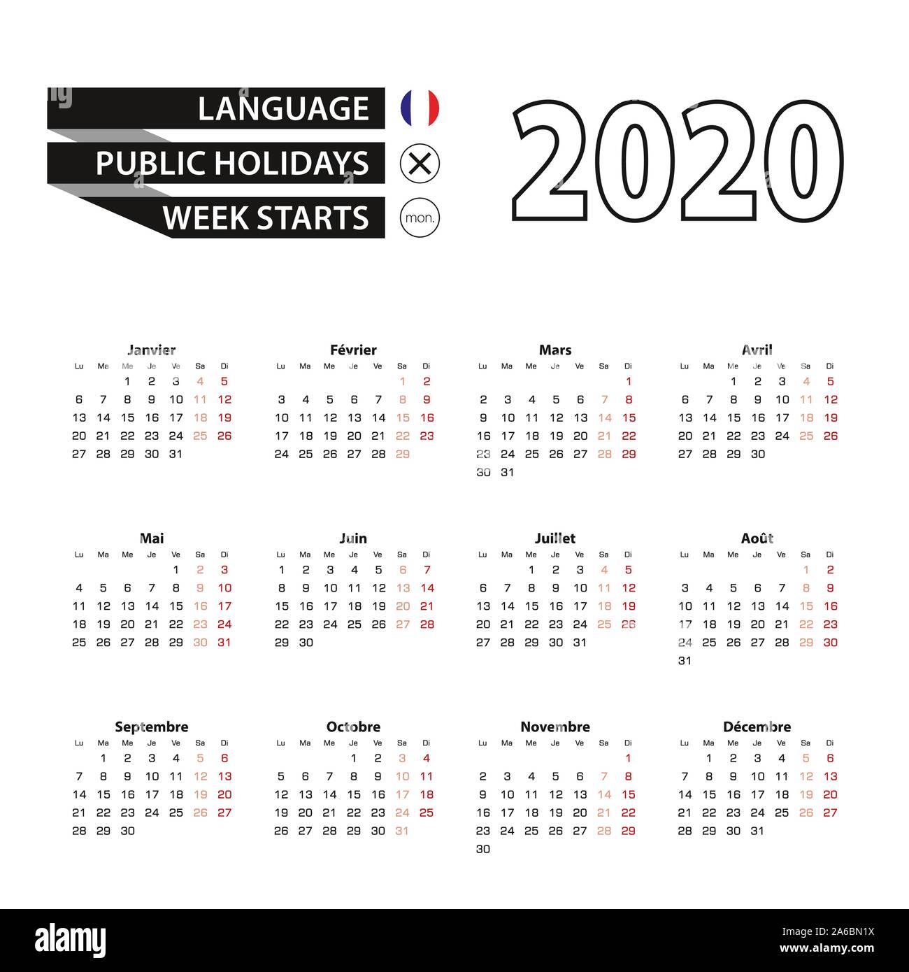 Calendar 2020 in French language, week starts on Monday. Vector ...