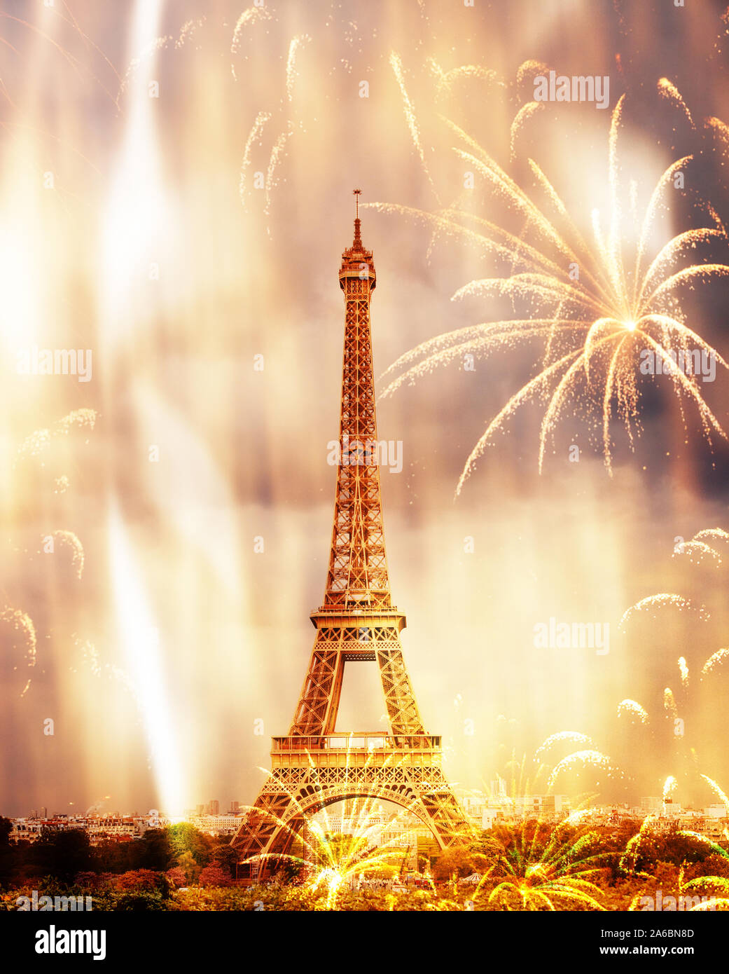 romantic New Year destination Eiffel tower with fireworks Paris, France ...