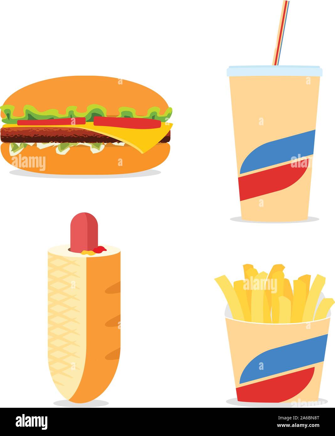 Fast food icons set with simple flat colored hamburger, soda, hot dog ...