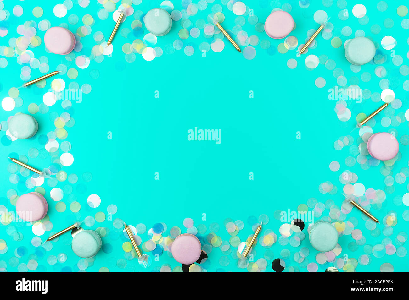 Festive flat lay with colorful round paper confetti, golden birthday ...