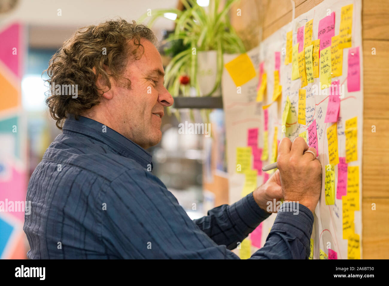 A man stands in a meeting and writes down ideas on post it notes on the ...