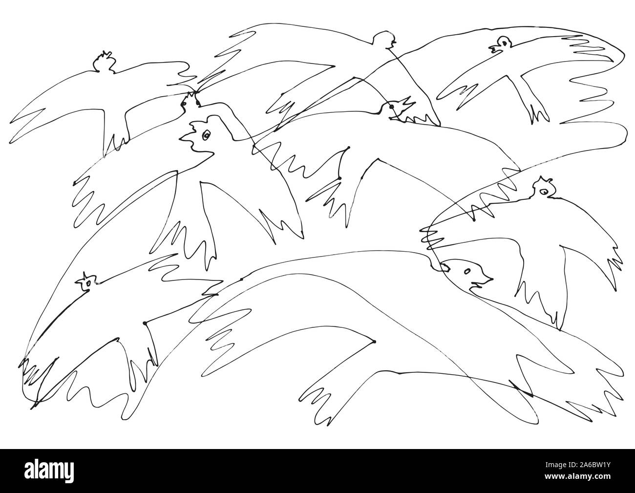 A line art drawing birds fly. Charming intertwined crows ready to color ...