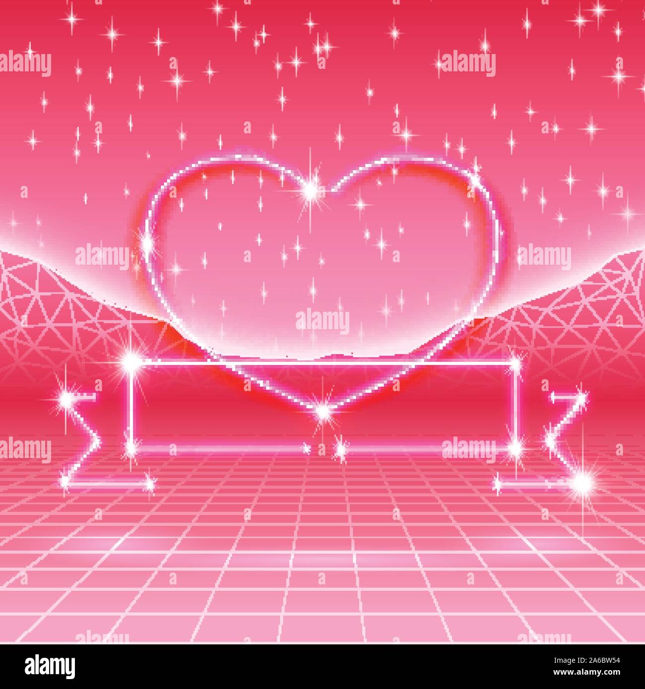 80s styled retro futuristic card with neon heart in computer world ...