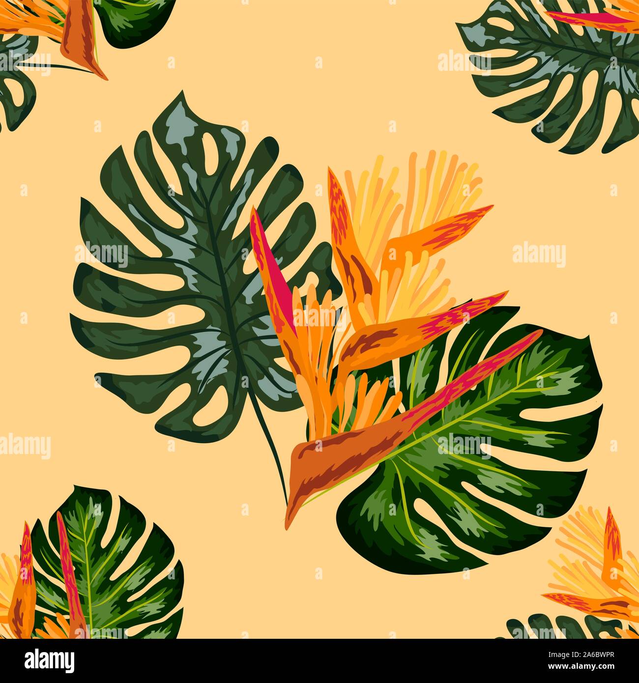 Summer jungle pattern with tropical flowers heliconia or lobster-claw ...