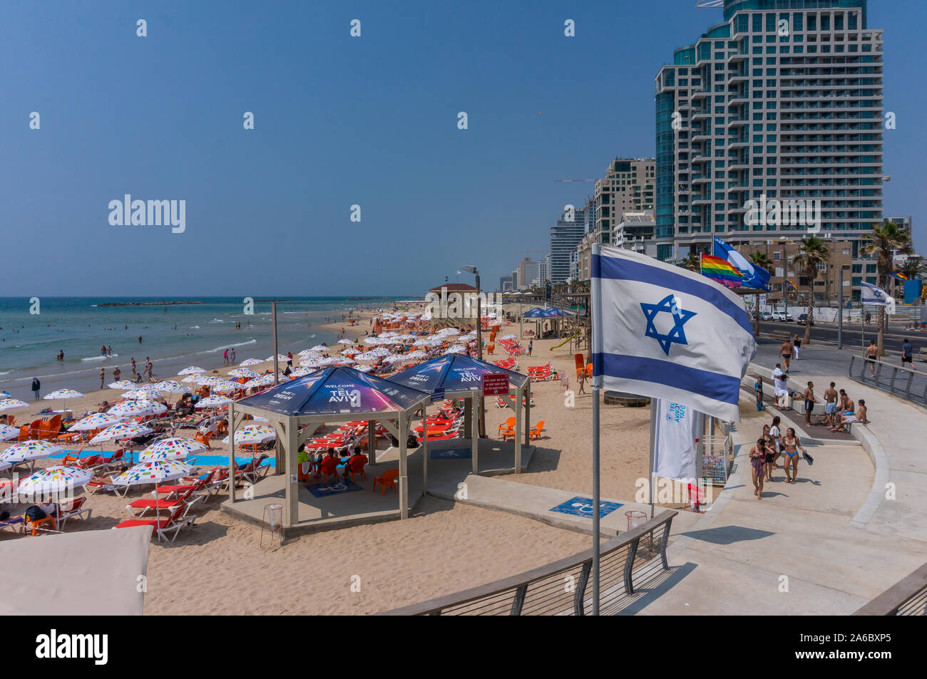 Israeli national flags fluttering on a wind. The flag of Israel with ...