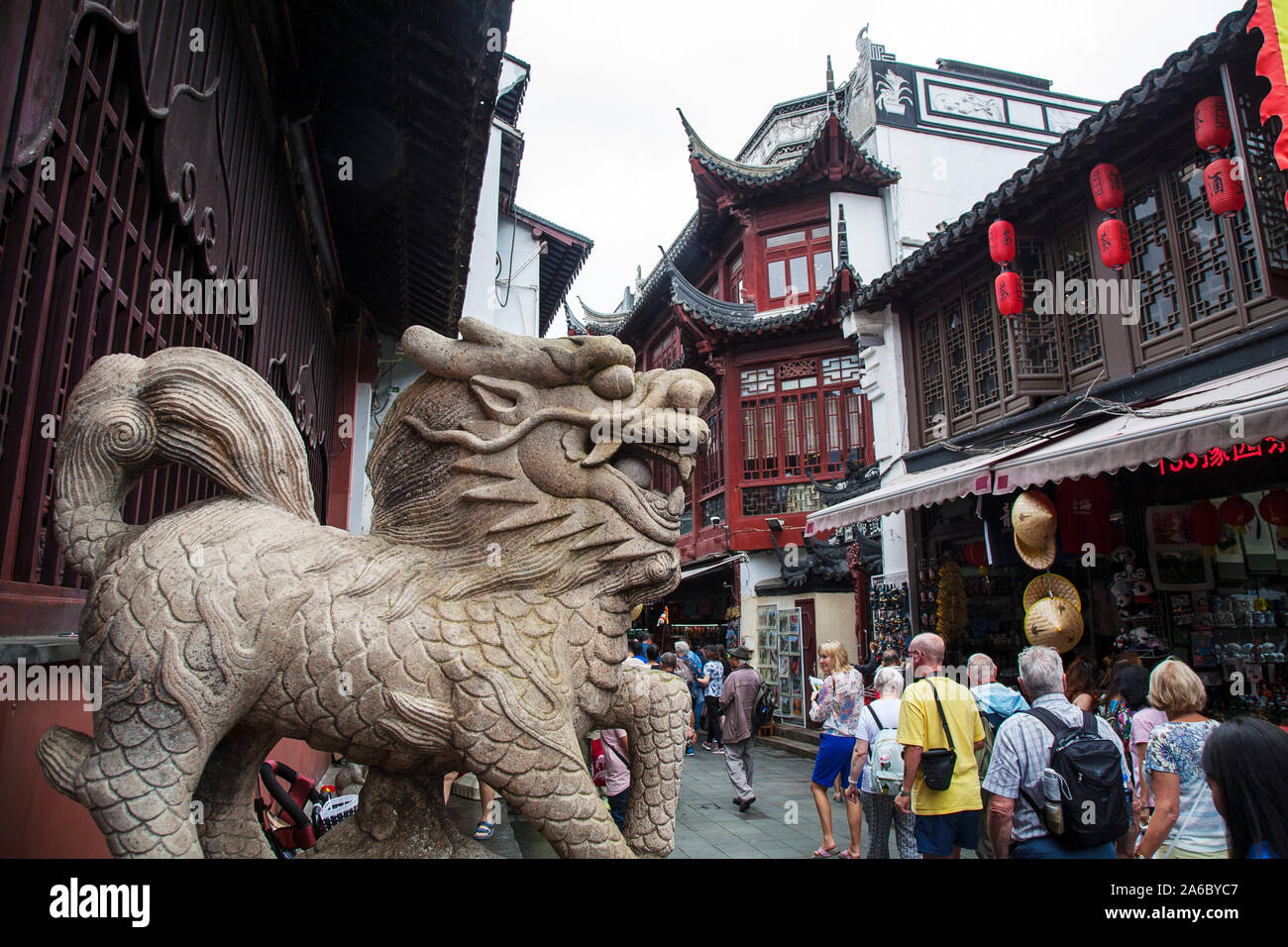 Guardian lion stone sculpture in in French Quarter of Shanghai, China ...
