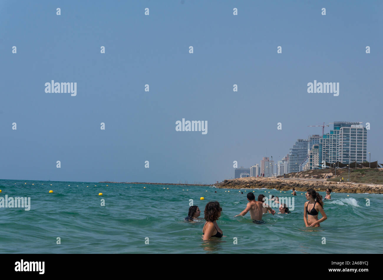 Tel Aviv beach coast with a view of Mediterranean sea and skyscrapers ...