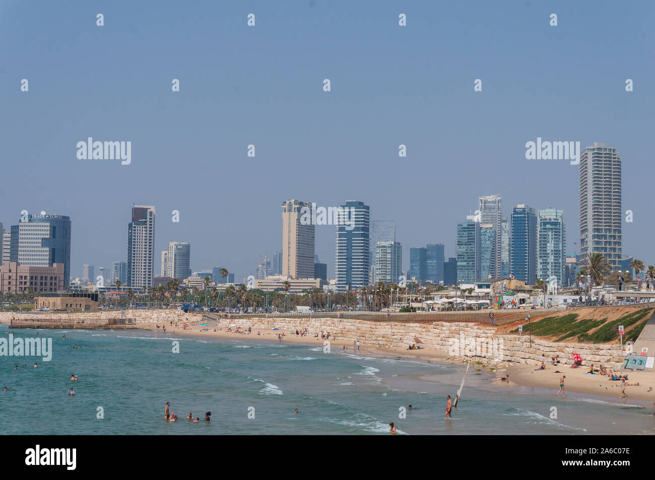 Tel Aviv beach coast with a view of Mediterranean sea and skyscrapers ...