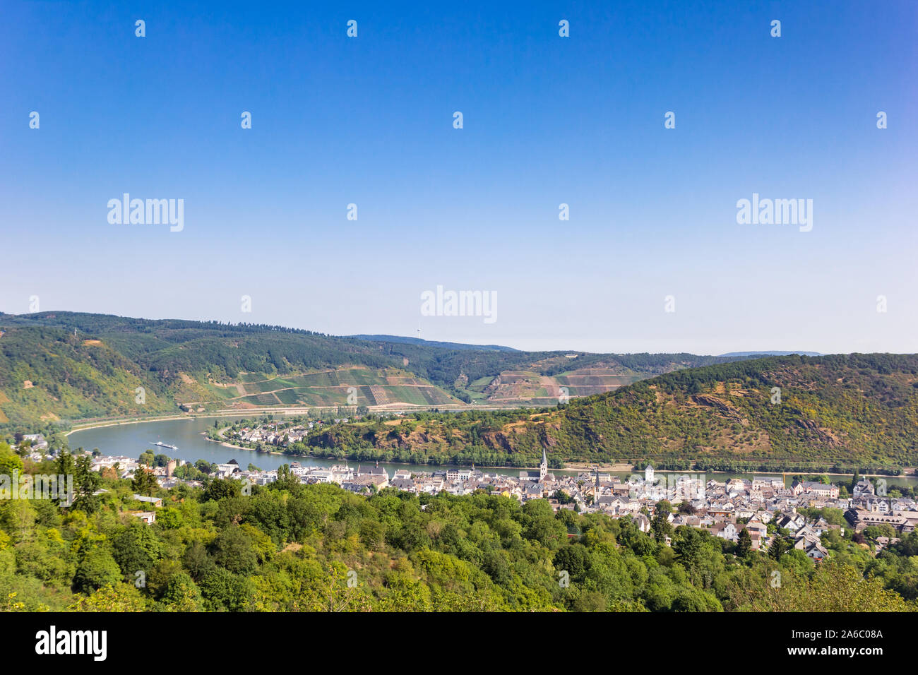 Panoramic view over historic city Boppard and the Rhine river, Germany ...