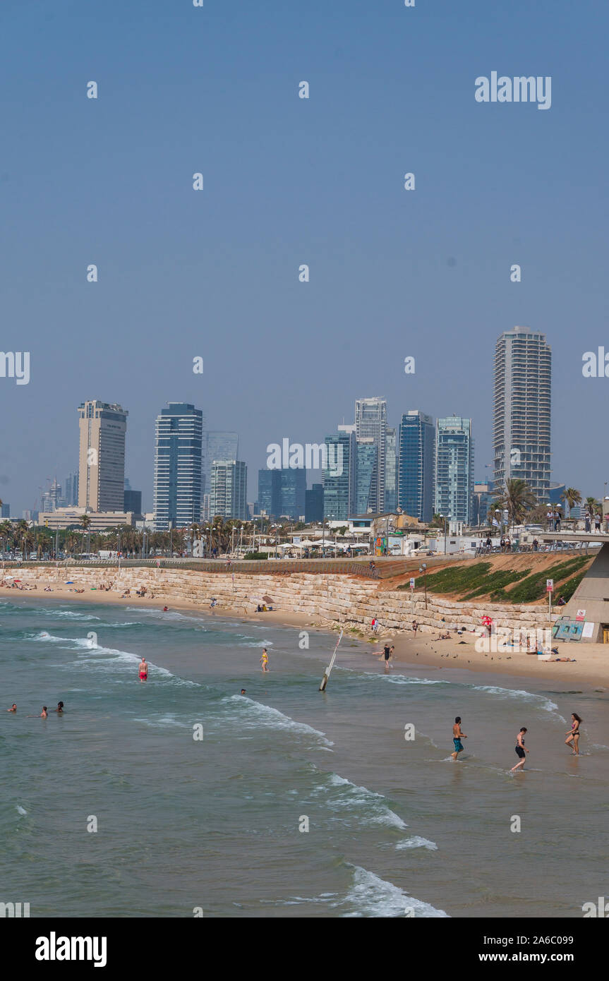 Tel Aviv beach coast with a view of Mediterranean sea and skyscrapers ...