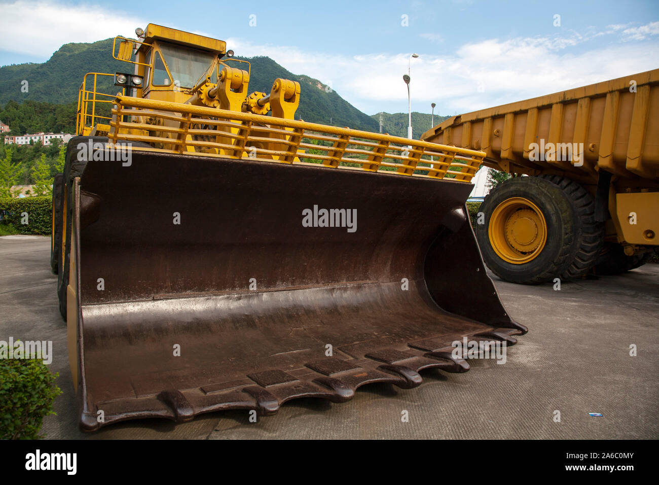 Giant earth moving equipment beside Three Gorges Dam at Yangtze River ...