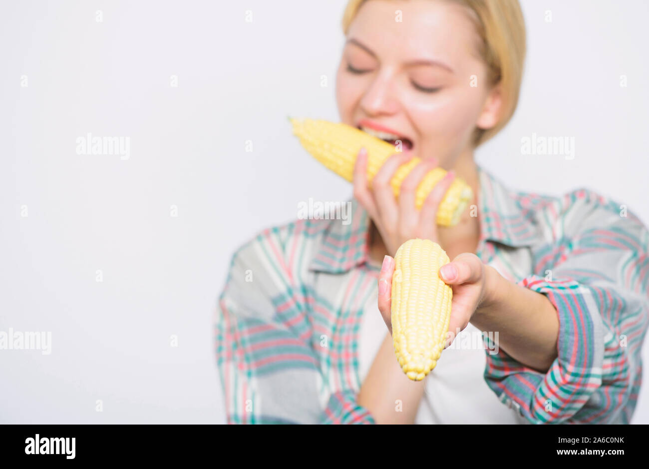 summer vacation. corn crop. vitamin and dieting food. Happy woman ...