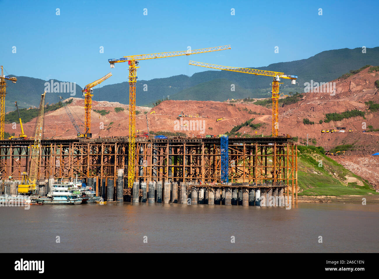 Docks under construction on banks of Yangtze River China Stock Photo ...