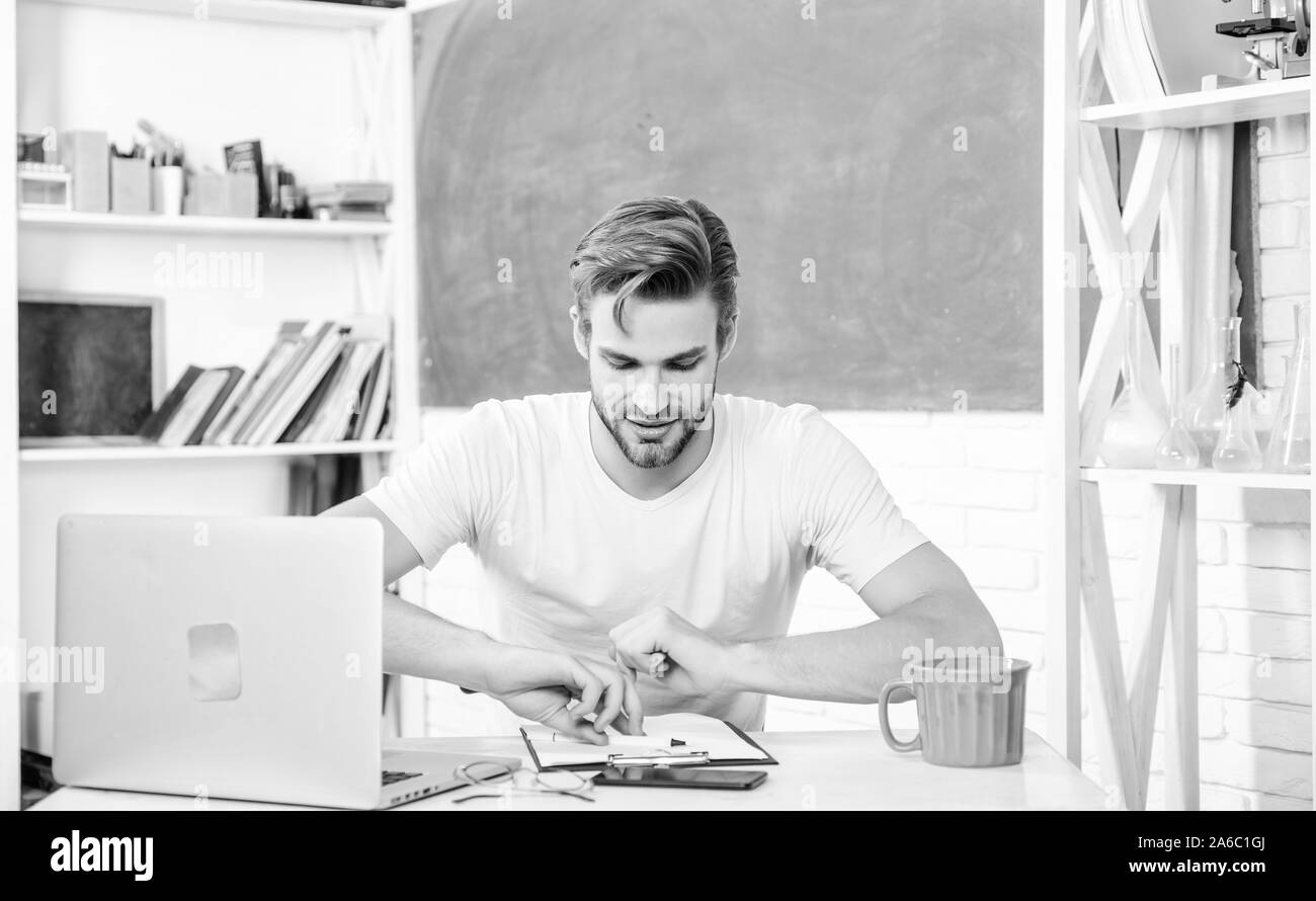 Digital technology. Apply online programming course. Handsome man use ...